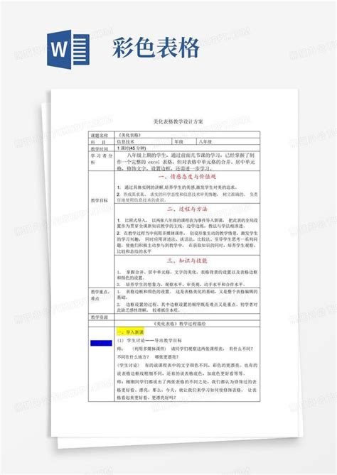 美化表格教学设计word模板下载 编号qkwpykzb 熊猫办公