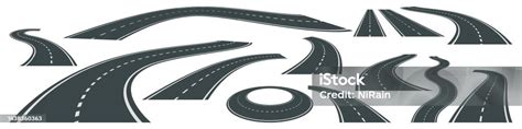 흰색 배경에 격리 된 흰색 표시가있는 구부러진 도로의 벡터 그림입니다 원근감보기에서 아스팔트 도로 세트 빈 직선 및 곡선 고속
