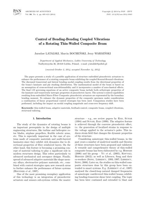 Pdf Control Of Bending Bending Coupled Vibrations Of A Rotating Thin Walled Composite Beam