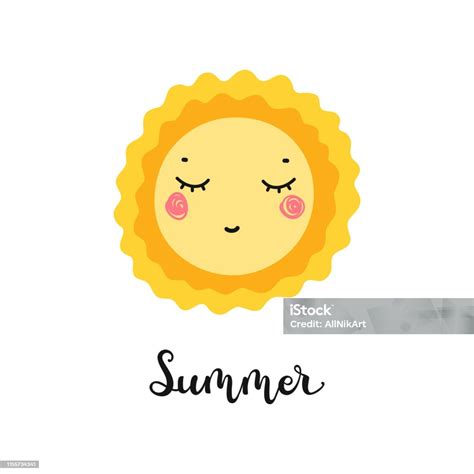 작은 귀여운 미소 태양 아이콘과 여름단어와 함께 아이들을위한 티셔츠 인쇄 디자인 만화 낙서 재미 태양 얼굴 벡터 일러스트 레이션 스칸디나비아 인쇄 또는 포스터 디자인 베이비