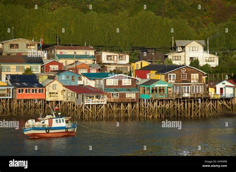 Palafitos Traditional Wooden Houses Built On Stilts Along The Waters
