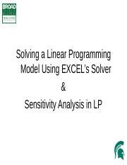 Solving An Lp Model With Excel And Sensitivity Analysis Ppt Solving A Linear Programming
