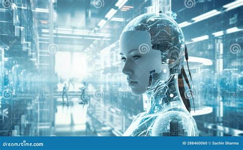 Cybernetic Scene Featuring Woman Models Influenced By Ai And Biotechnology Stock Illustration