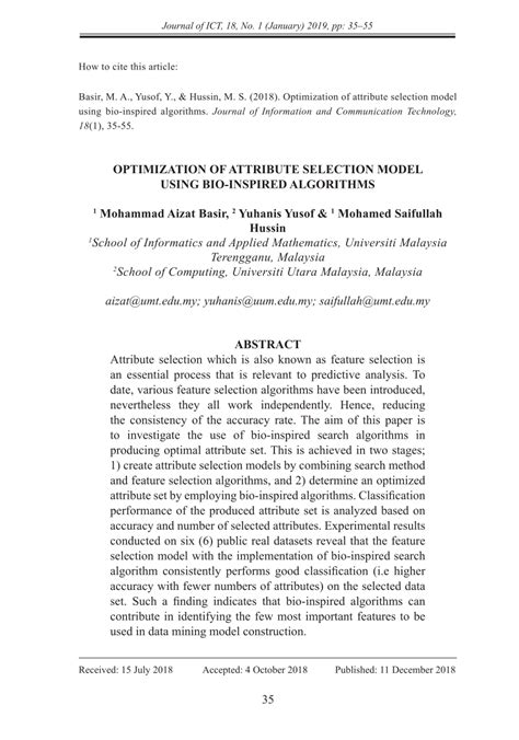 pdf optimization of attribute selection model using bio inspired