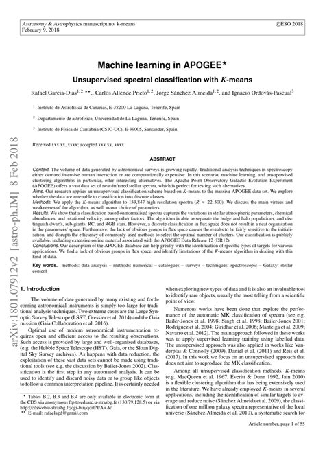 Pdf Machine Learning In Apogee Unsupervised Spectral Classification
