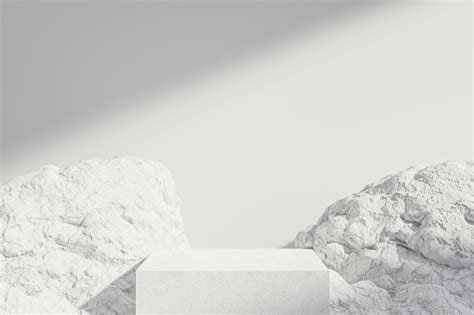 제품 배치를 위해 흰 벽 배경에 있는 빈 연단 마케팅 및 프레젠테이션을 위한 쇼케이스 플랫폼의 공간을 복사합니다 트렌디한