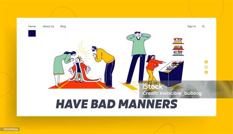 버릇 없는 아이 방문 페이지 템플릿 부모 캐릭터는 머리에 골든 크라운에서 소년과 존경 가게에서 고함을 지르는 어린 소녀는 과자를 사야합니다 코커드 베이비 선형 사람 벡터