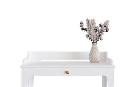 흰색 배경에 격리된 팜파스 잔디가 있는 흰색 테이블 정면도 가구를 잘라냅니다 현대적인 책상 인테리어 디자인 요소 개체 제품 프레젠테이션을 위한 공간을 복사합니다 3d 렌더링