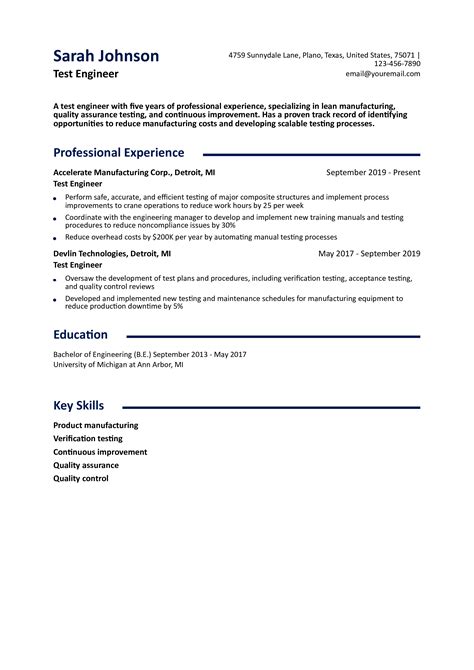 Quality Engineer Resume Format