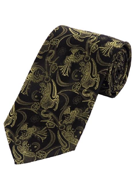 Krawatte Extra Breit Paisley Muster Tiefschwarz Olivgrün