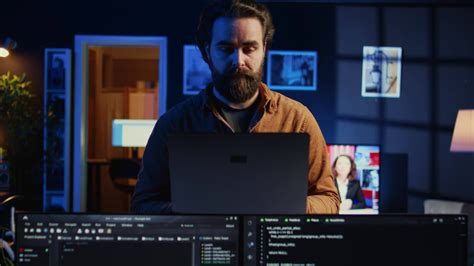 portrait of smiling developer writing complex binary code scripts on