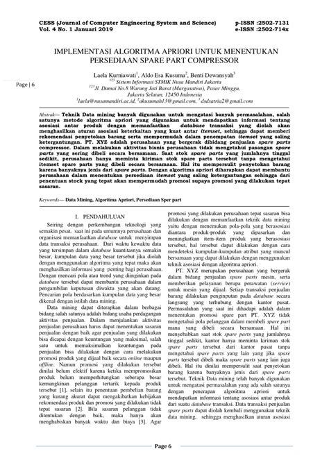 PDF Implementasi Algoritma Apriori Untuk Menentukan Persediaan Spare