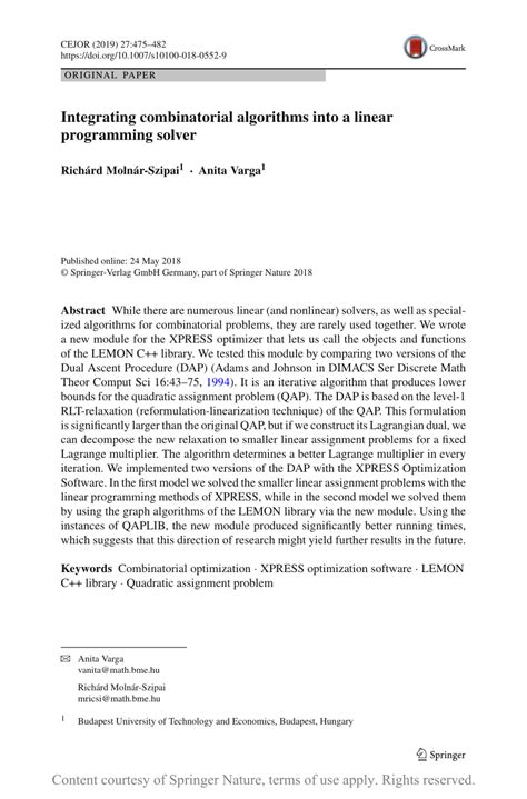 Integrating Combinatorial Algorithms Into A Linear Programming Solver Request Pdf