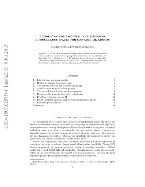 Pdf Rigidity Of Compact Pseudo Riemannian Homogeneous Spaces For Solvable Lie Groups