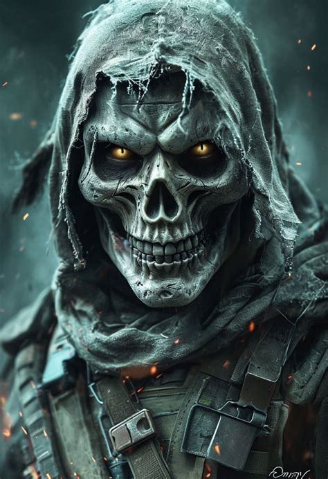 Eerie Comic Illustration Of Crouching Character With Skull Mask Poster