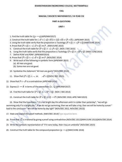 094 ma8351 ma6566 discrete mathematics question bank 1 pdf