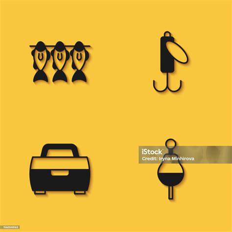 건어물 낚시 플로트 낚시 장비용 케이스 또는 상자 및 긴 그림자가 있는 미끼 아이콘을 설정합니다 벡터 강에 대한 스톡 벡터 아트