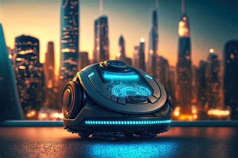 안드로이드 로봇은 미래 도시 생성 인공 지능의 배경에 조명 화면이 있는 안드로이드를 진공 청소기로 청소합니다 프리미엄 사진