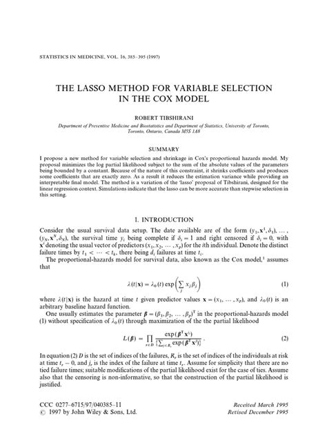 Tibshinari The Lasso Method For Variable Selection In The Cox Model Pdf Least Squares