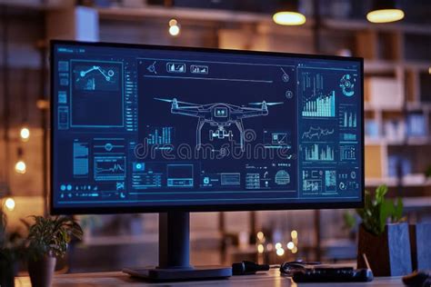 Drone Engineering Software Running On Computer In Modern Office Displaying Technical Data And