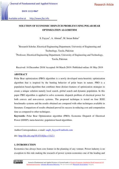 Pdf Solution Of Economic Dispatch Problem Using Polar Bear Optimization Algorithm