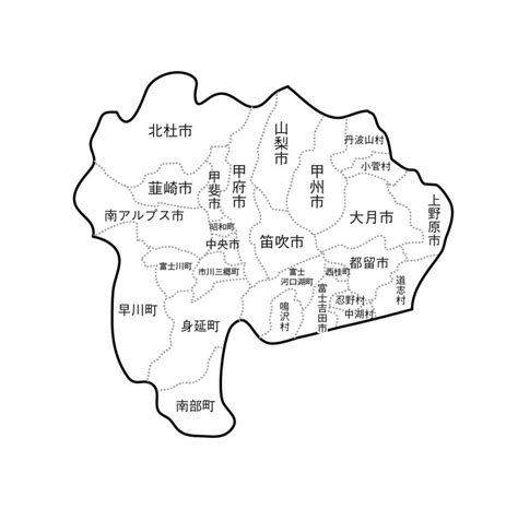 日本地図 白地図 山梨県 ラインあり 市区町村名ありのイラスト 白地図 地図 山梨
