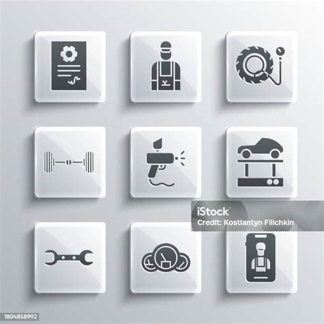 속도계 온라인 자동차 서비스 리프트 수리 페인트 스프레이 건 렌치 스패너 섀시 자동차 자동 검사 및 타이어 압력 게이지 아이콘을