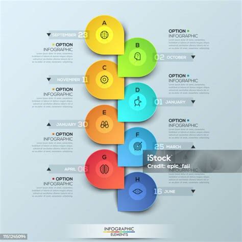 세로 타임 라인과 8 개의 연결 된 요소가 있는 인포 그래픽 디자인 서식 파일 8에 대한 스톡 벡터 아트 및 기타 이미지 8 인포그래픽 가리키기 Istock