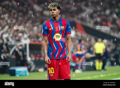 Barcelonas Lamine Yamal Seen In Action During The Spanish Super Cup