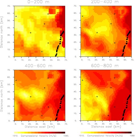 Lateral Variations In Compressional Wave Velocity For Four Depth Ranges
