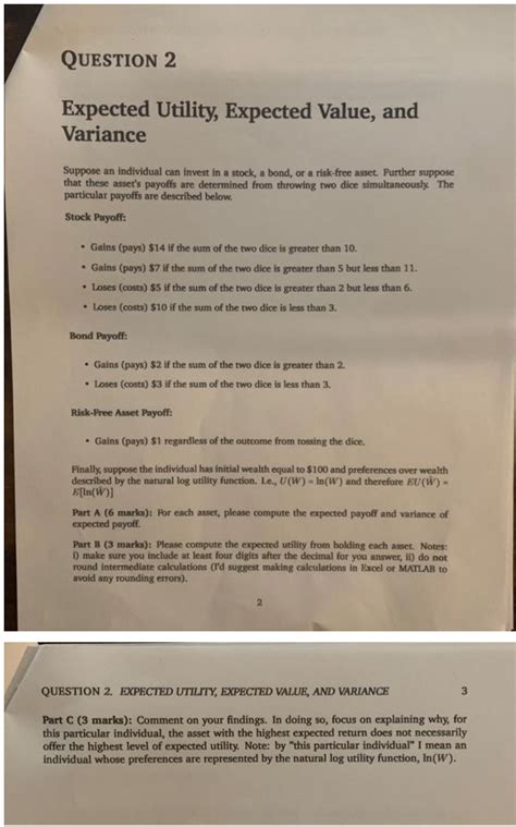 Solved Expected Utility Expected Value And Variance