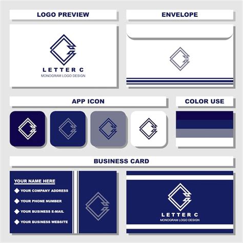 명함 및 봉투 아이디어가 있는 크리에이 티브 문자 C 모노그램 로고 템플릿 프리미엄 벡터