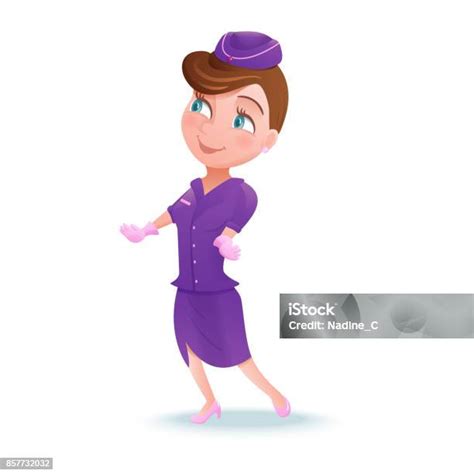 스튜 어디 스 만화 캐릭터 항공사 승무원 바이올렛 균일 하 고 안전 브리핑 벡터 일러스트 레이 션에에서 귀여운 여자 공항에 대한 스톡 벡터 아트 및 기타 이미지 Istock