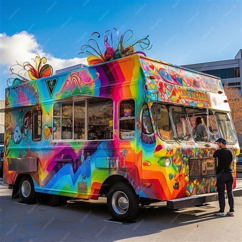 A Colorful Food Truck With A Rainbow Colored Top That Says Rainbow