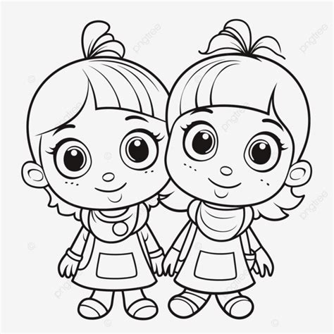 Drawing Of Two Girls For Coloring Outline Sketch Vector Characters Cartoon Drawing Characters