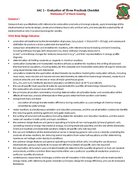 Sac 1 Checklist Sorry Sac 1 Evaluation Of Three Practicals Checklist Wednesday 6th Of