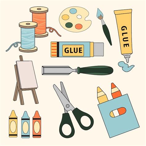 예술과 공예 물건 간단한 플랫 라인 일러스트 세트 프리미엄 벡터