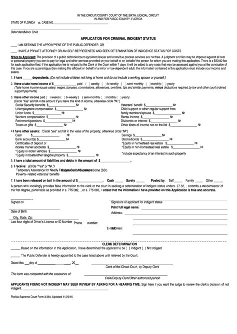 Fillable Application For Criminal Indigent Status Form Pasco County Florida Printable Pdf