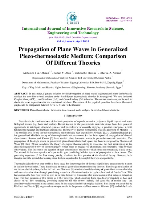 Pdf Propagation Of Plane Waves In Generalizedpiezo Thermoelastic Medium Comparisonof