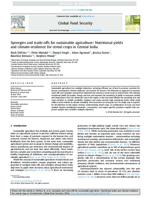 Pdf Synergies And Trade Offs For Sustainable Agriculture Nutritional Yields And Climate