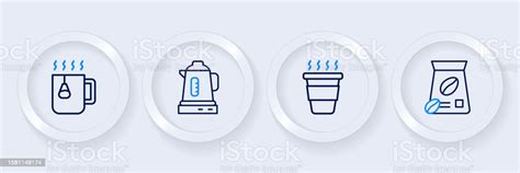커피 원두의 라인 가방 갈 커피 컵 전기 주전자 및 가방 아이콘이 있는 컵 차를 설정합니다 벡터 0명에 대한 스톡 벡터 아트 및 기타 이미지 Istock