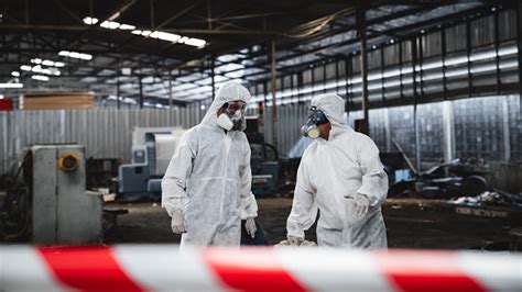 과학자 노동자들은 오래된 공장에서 화학 오염 된 기름을 검사하는 보호 복을 입습니다 위험 구역을 표시하는 빨간색과 흰색 선 생물학적 위험 오염 제어 2명에 대한 스톡 사진