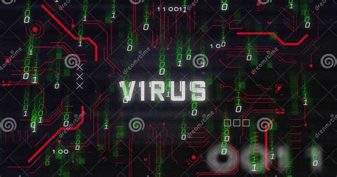Image Of Virus Text In Circuit Board Pattern Over Falling Binary Codes Against Black Background