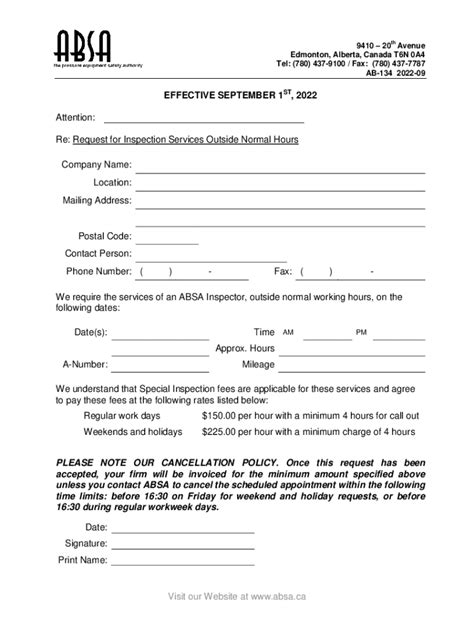 Fillable Online Revising Ab 134 Request For Inspection Services Outside Normal Hours D1271515