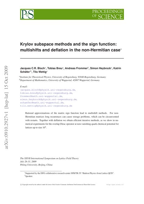 Pdf Krylov Subspace Methods And The Sign Function Multishifts And Deflation In The Non