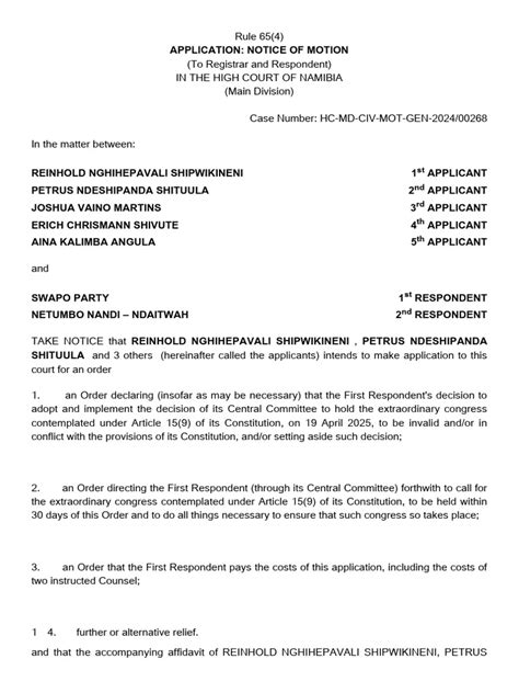 Notice Of Motion Reinhold Nghihepavali Shipwikineni Vs Swapo Party