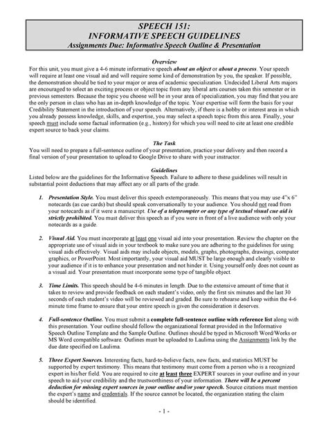 Informative Speech Guidelines 1 Speech 151 Informative Speech Guidelines Assignments Due