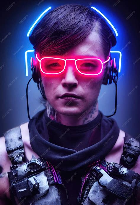 사이버 소송에서 공상 과학 사이버 펑크 남자의 현실적인 초상화 하이테크 미래 지향적인 남자 프리미엄 사진