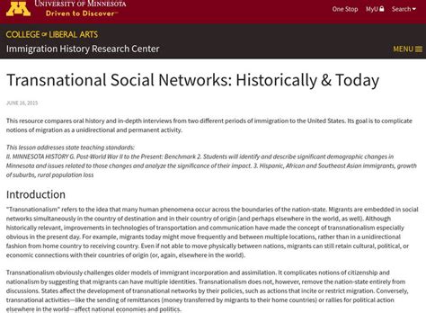 University Of Minnesota Transnational Social Networks Historically And Today Unit Plan For 9th