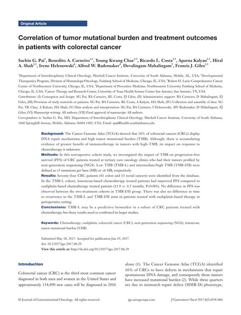 Pdf Correlation Of Tumor Mutational Burden And Treatment Outcomes In Patients With Colorectal